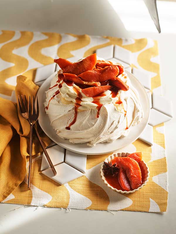Pavlova with Wattleseed Crème Patisserie, Cream and Poached Quince ...