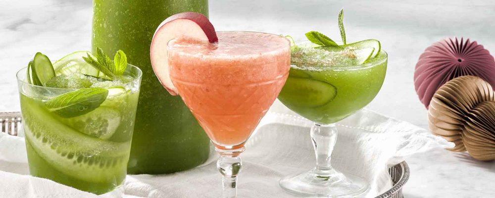 Cucumber & Finger Lime Gin Frappé + White Peach Aperol Spritz | Harvey ...
